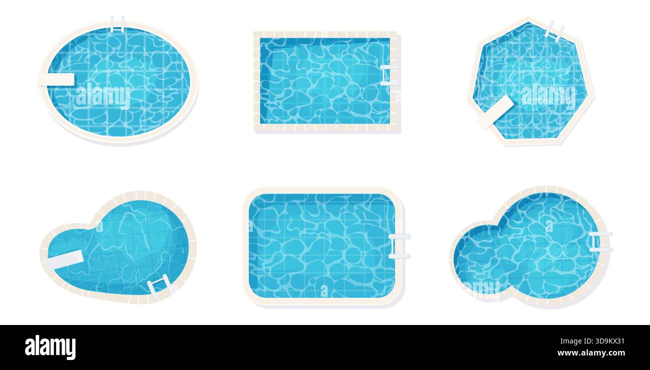 Swimming pool bottom top view with blue water waves texture set. Summer ...