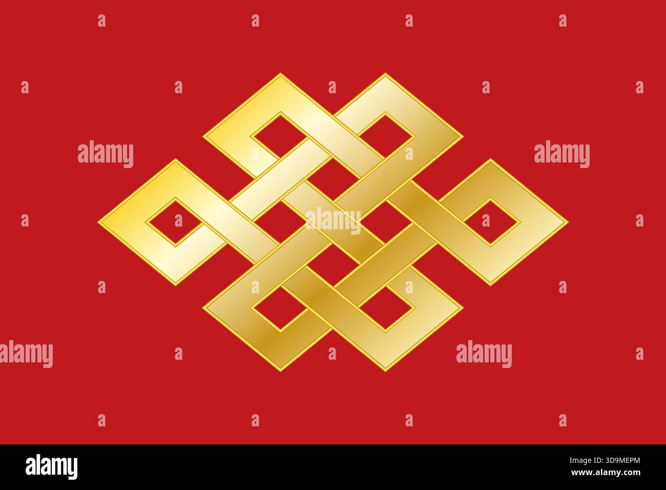 Golden endless knot, also known as eternal knot, on red field. Common ...
