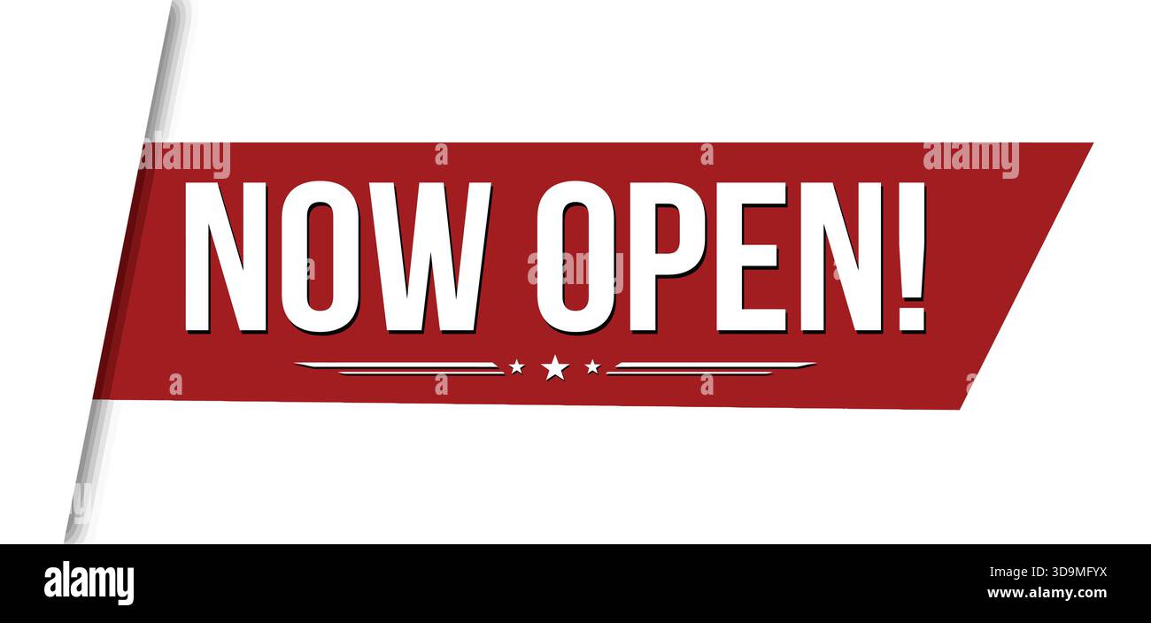 Now open banner design on white background, vector illustration Stock ...