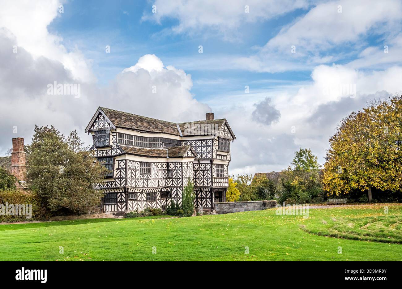 The image is of the black and white rickety timber framed moated, Tudor ...