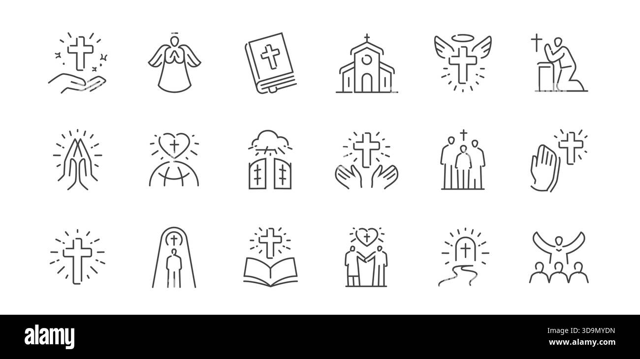 Religion outline icons set. Prayer, faith, spiritual, biblical symbols ...
