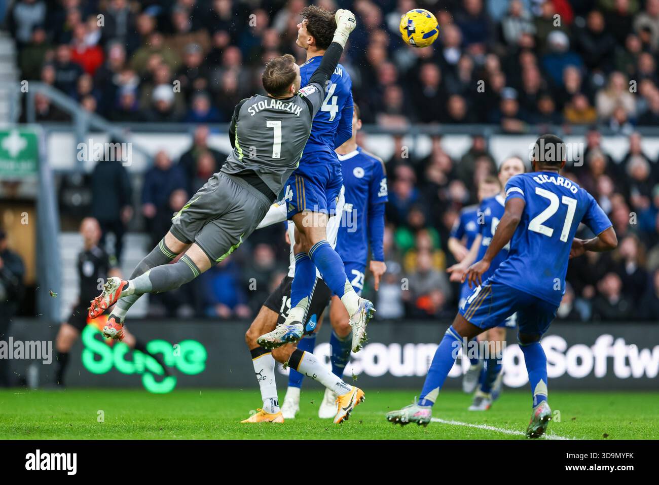 1, Jakub Stolarczyk of Leicester City punches the ball clear during the ...