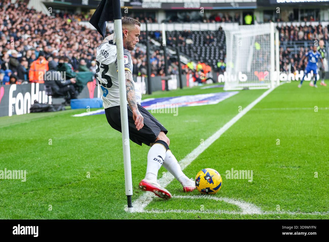 23, Joe Ward of Derby County takes a corner during the Sky Bet ...