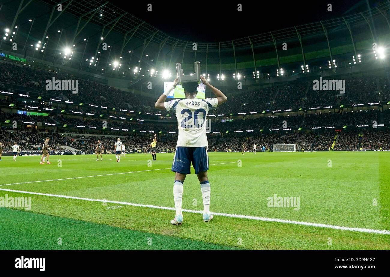 Tottenham Hotspur's Mohammed Kudus reacts after his goal was given ...