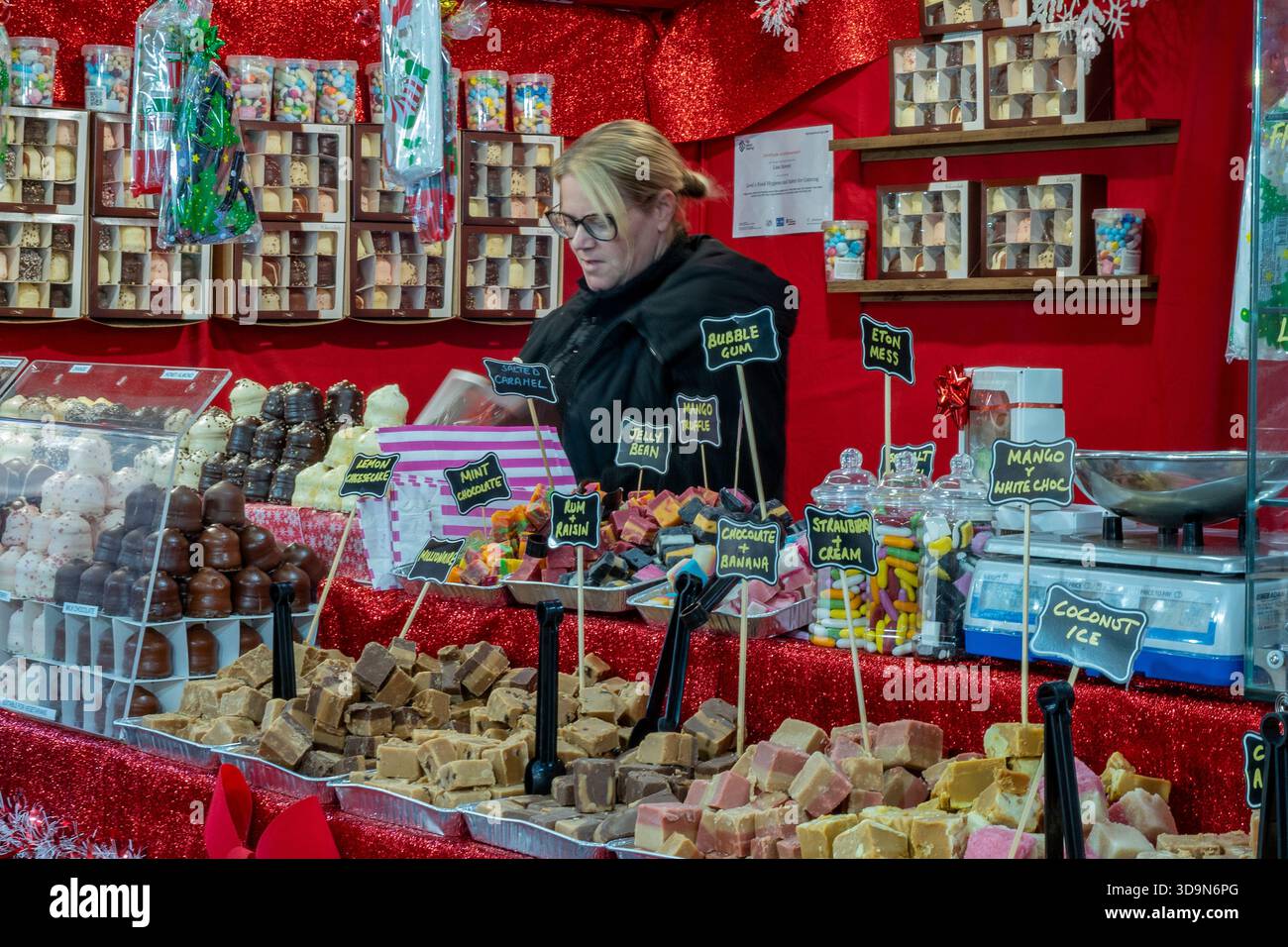 Christmas confectionery and flavoured fudge market stall at Portsmouth ...
