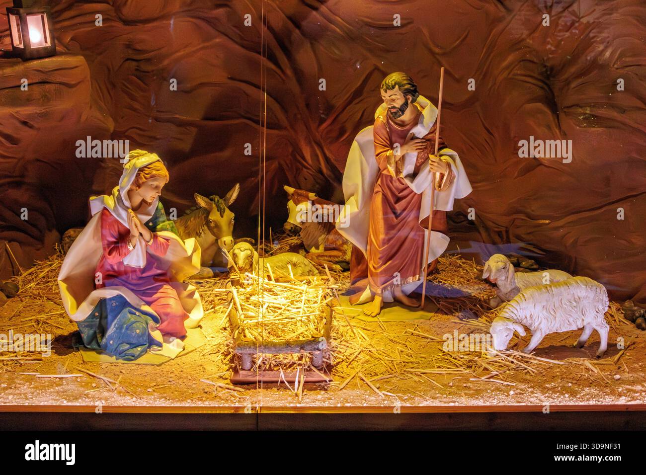 Christmas nativity scene inside the city hall patio. Beziers, Occitanie ...
