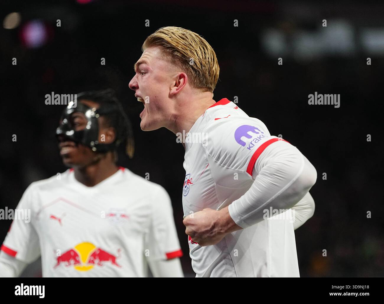 December 06 2025: Conrad Harder of RB Leipzig scores and celebrates his ...