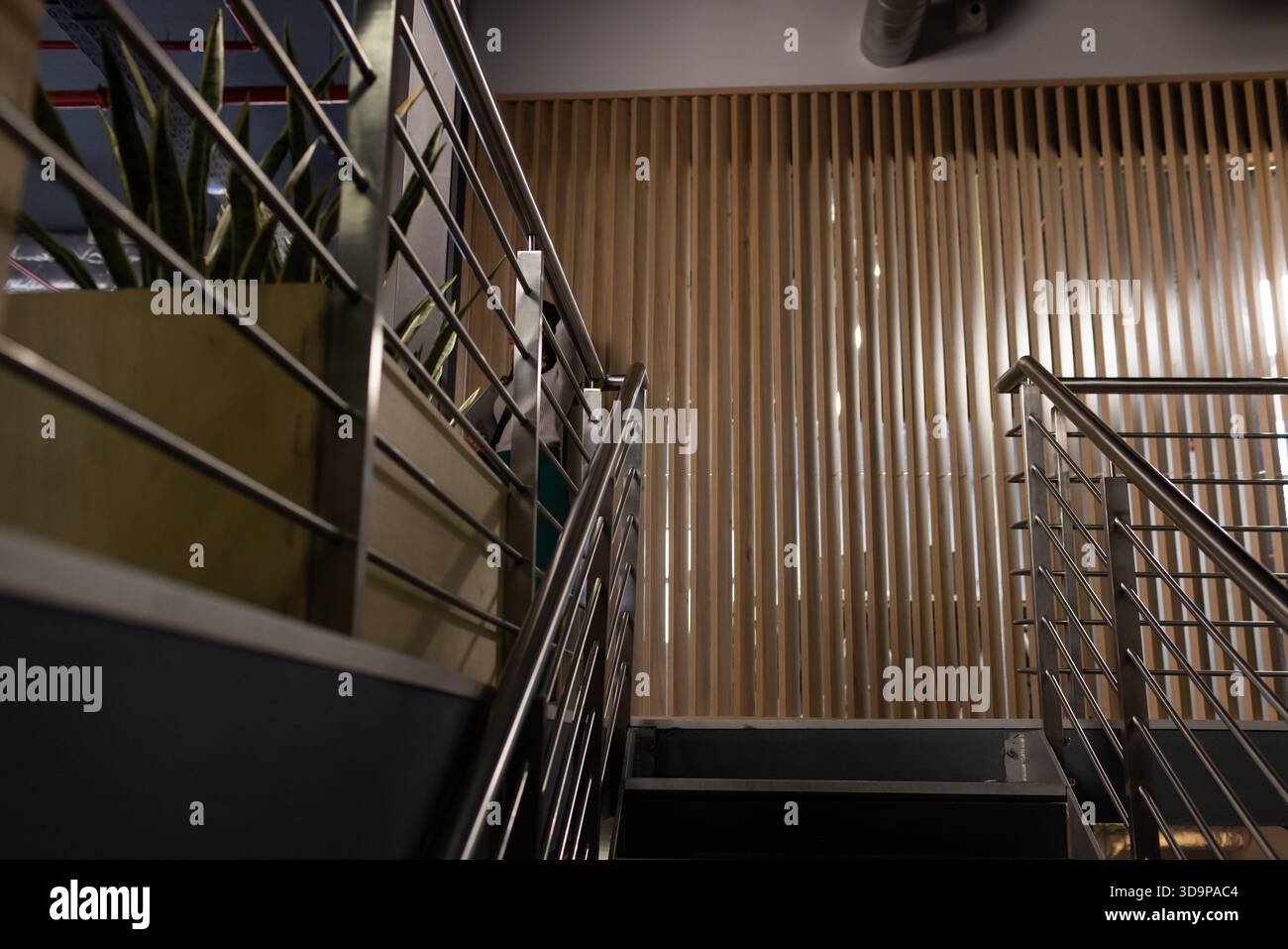 Metal stairs are ascending beneath stainless steel handrails to wooden ...