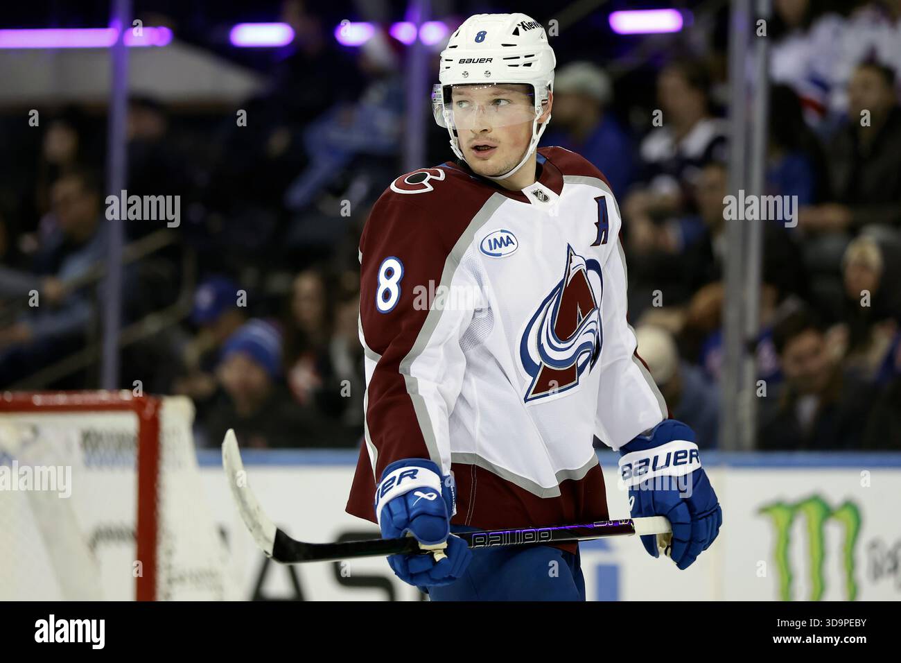 Colorado Avalanche defenseman Cale Makar (8) reacts in the first period ...