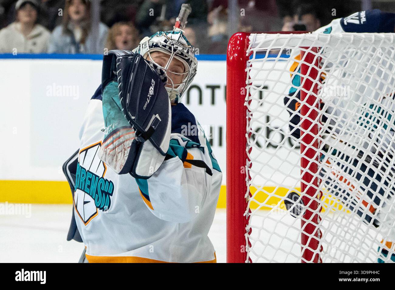 New York Sirens goaltender Kayle Osborne (82) watches as Vancouver ...