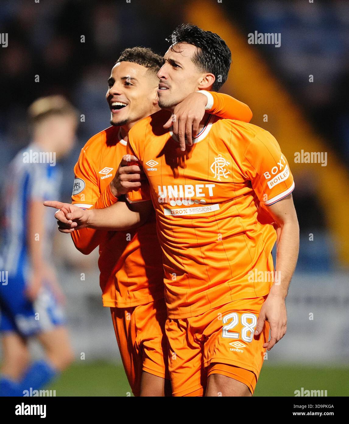 Rangers' Bojan Miovski (right) celebrates scoring their side's second ...