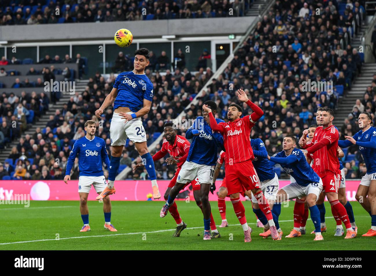 Liverpool, England, 6th December 2025. Charly Alcaraz of Everton heads ...