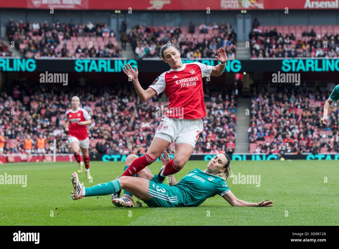 London, UK. 6th Dec 2025. Emily Fox of Arsenal Women tackled by Gemma ...