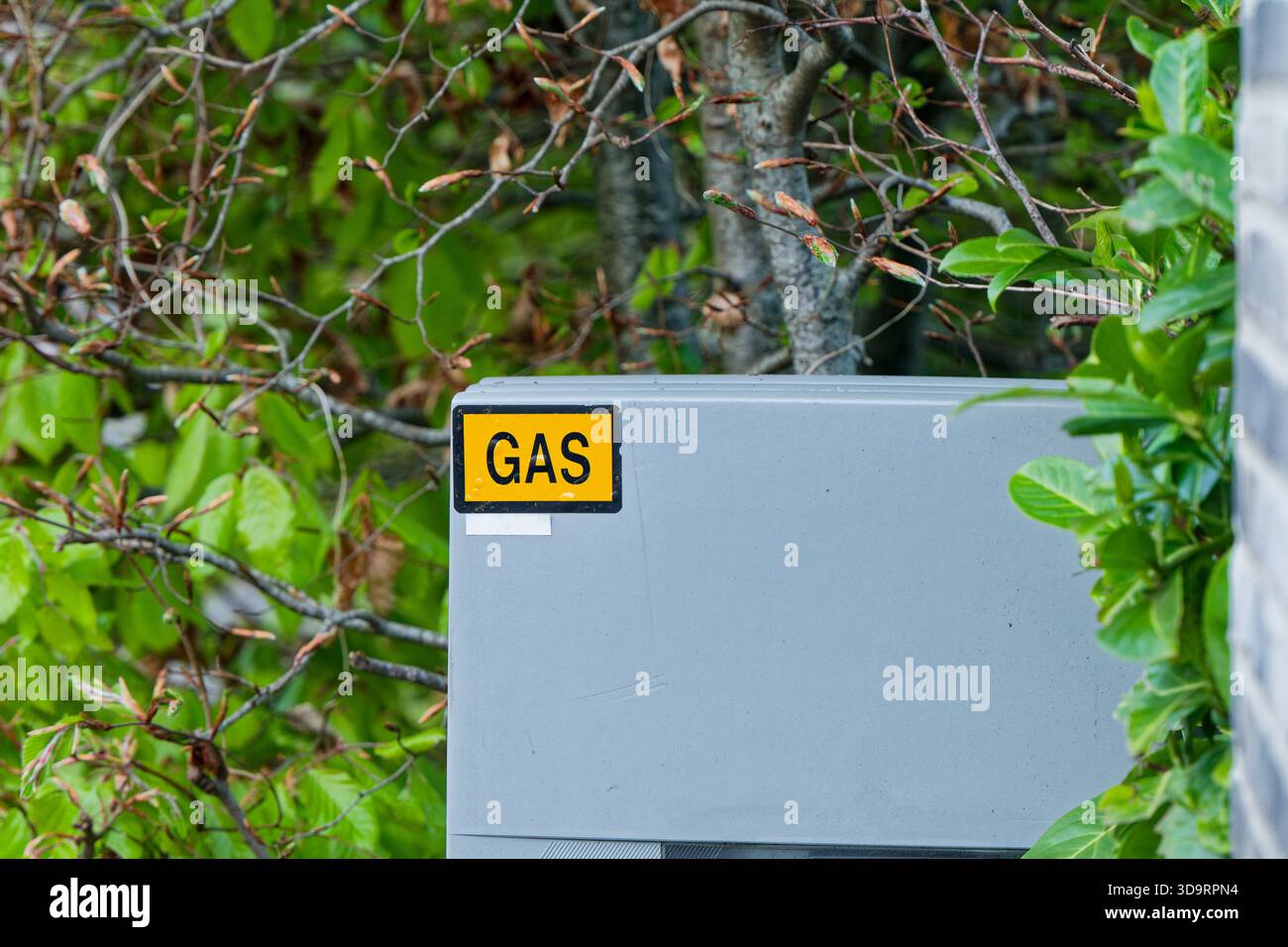 A solid metal box carries a clear gas notice while a nearby tree shows ...