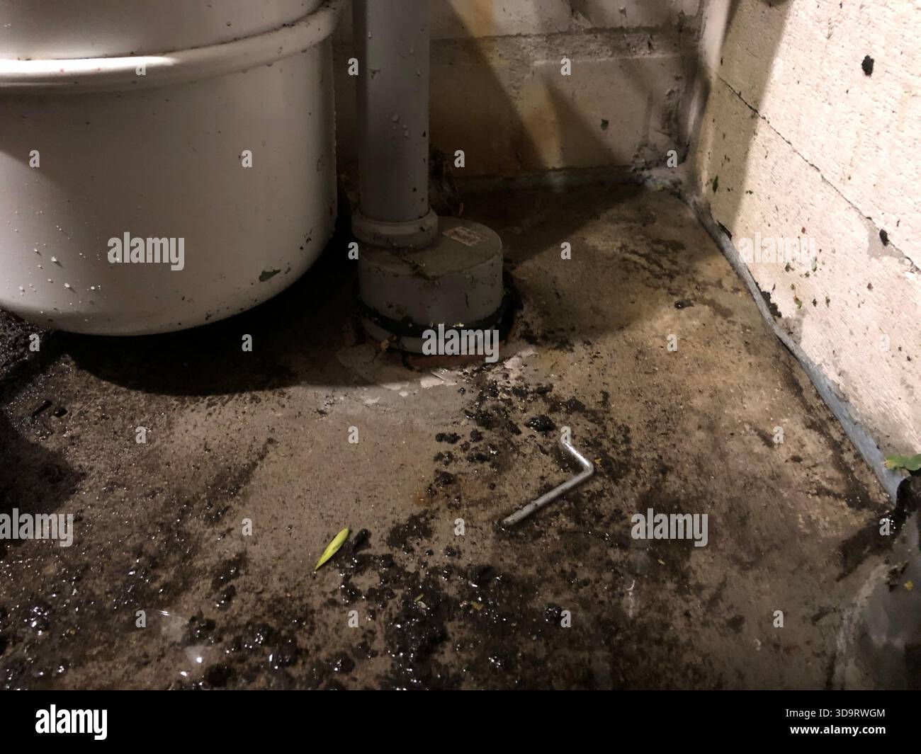 A damp basement corner showing a pipe, a water leak, and some debris on ...