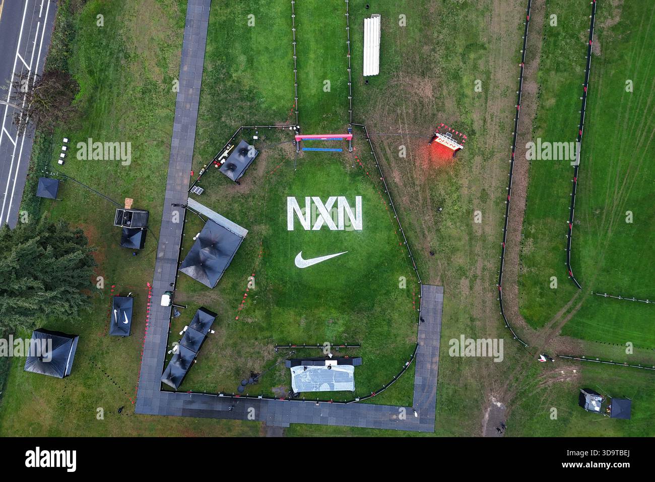 An aerial view of the Nike swoosh logo at the NXN Nike Cross Nationals ...