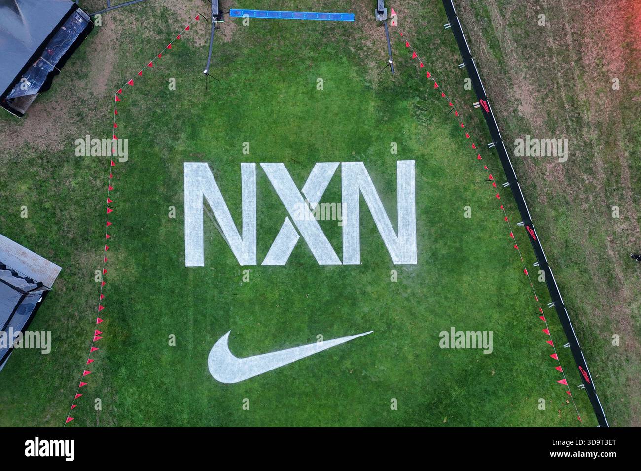 An aerial view of the Nike swoosh logo at the NXN Nike Cross Nationals ...