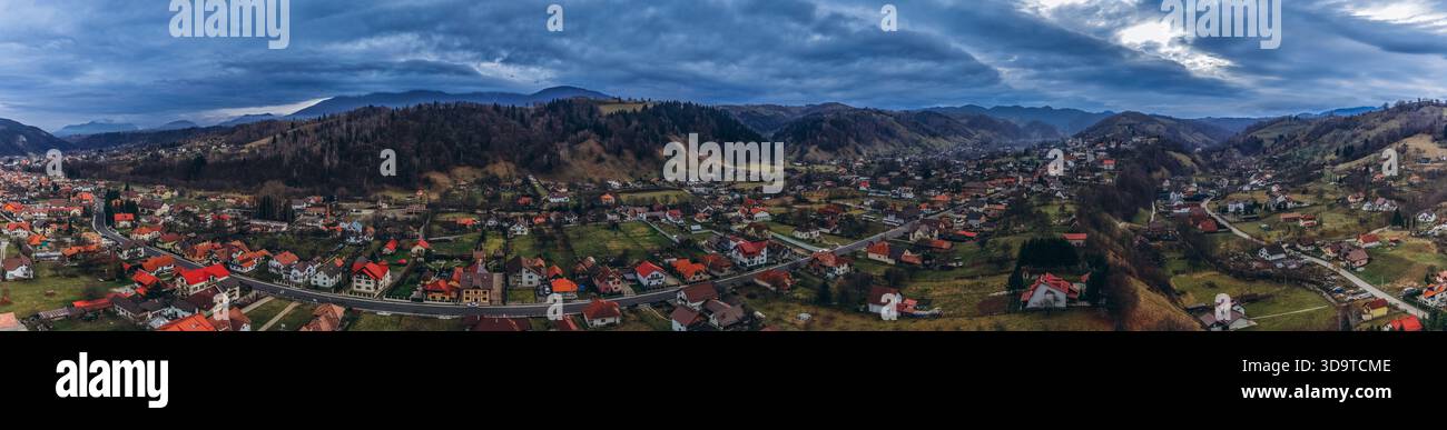 Aerial Panorama of Moeciu de Jos Village in the Carpathian Mountains ...