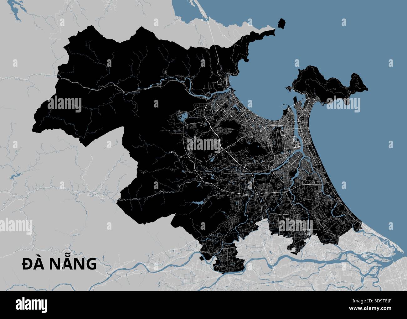 Map of Da Nang, Vietnam. The map features a dark landmass with ...