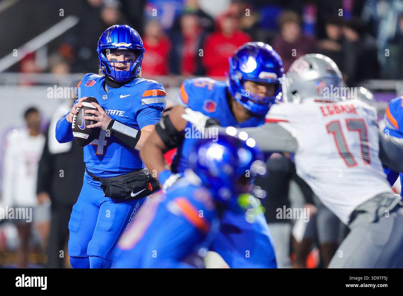 Boise State quarterback Maddux Madsen (4) looks downfield against UNLV ...