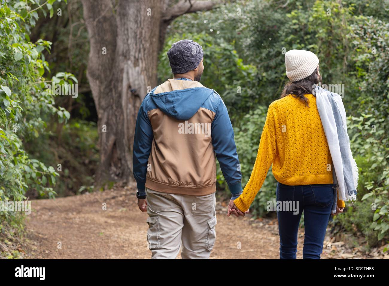 Diverse couple holding hands walking forest trail wearing knit beanies ...