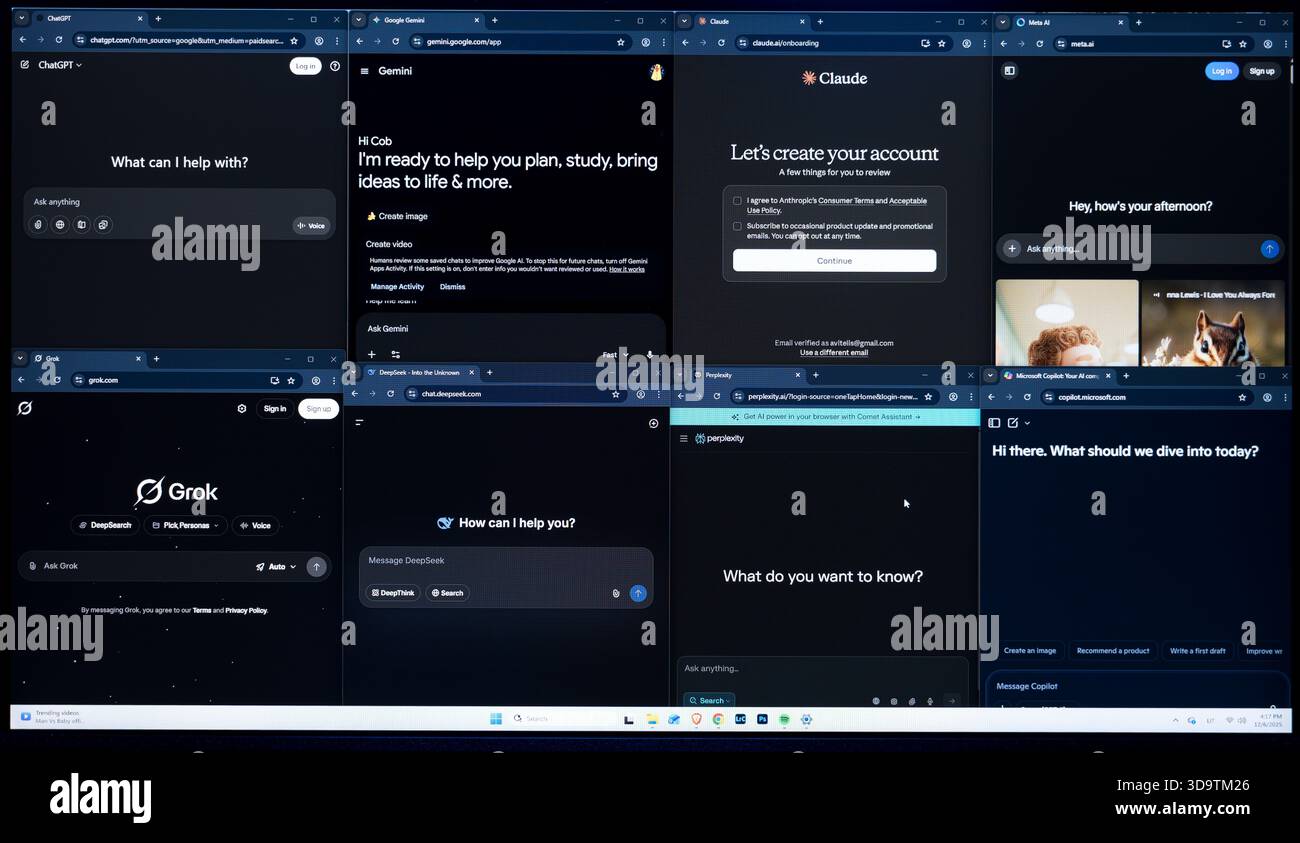 Monitor screen displaying multiple AI chatbot interfaces: ChatGPT ...