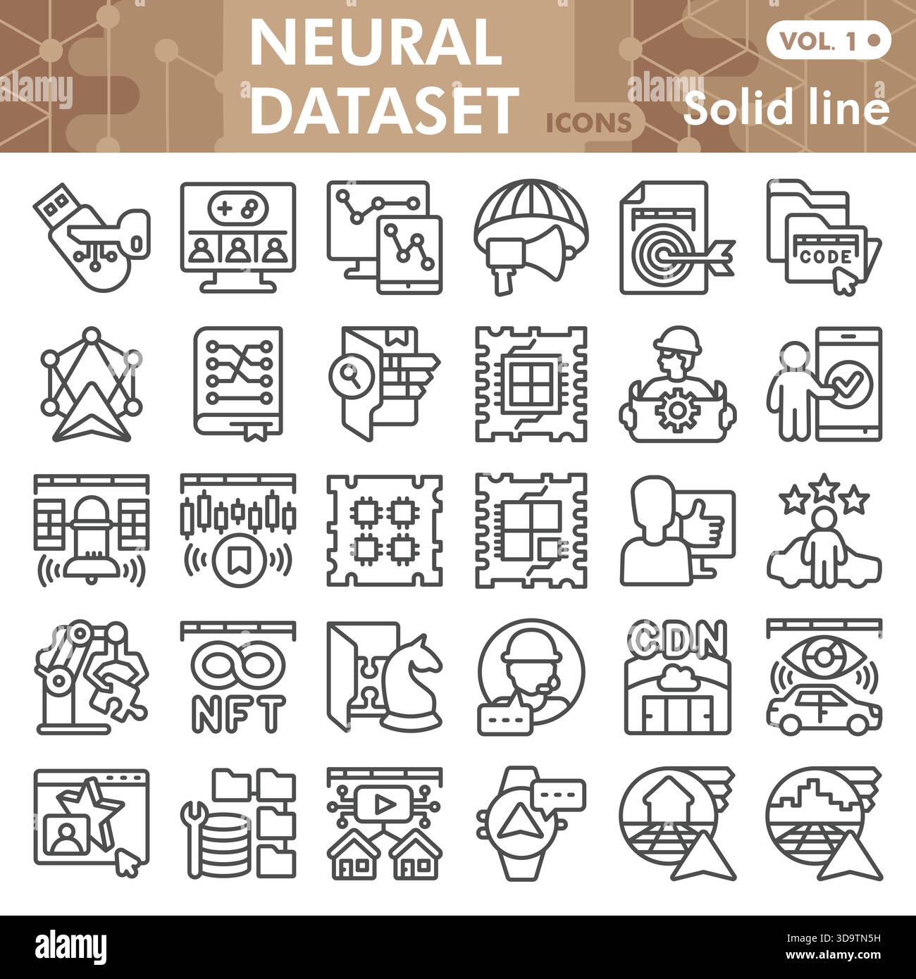 Neural dataset symbols collection or sketches, deep learning theme bar ...