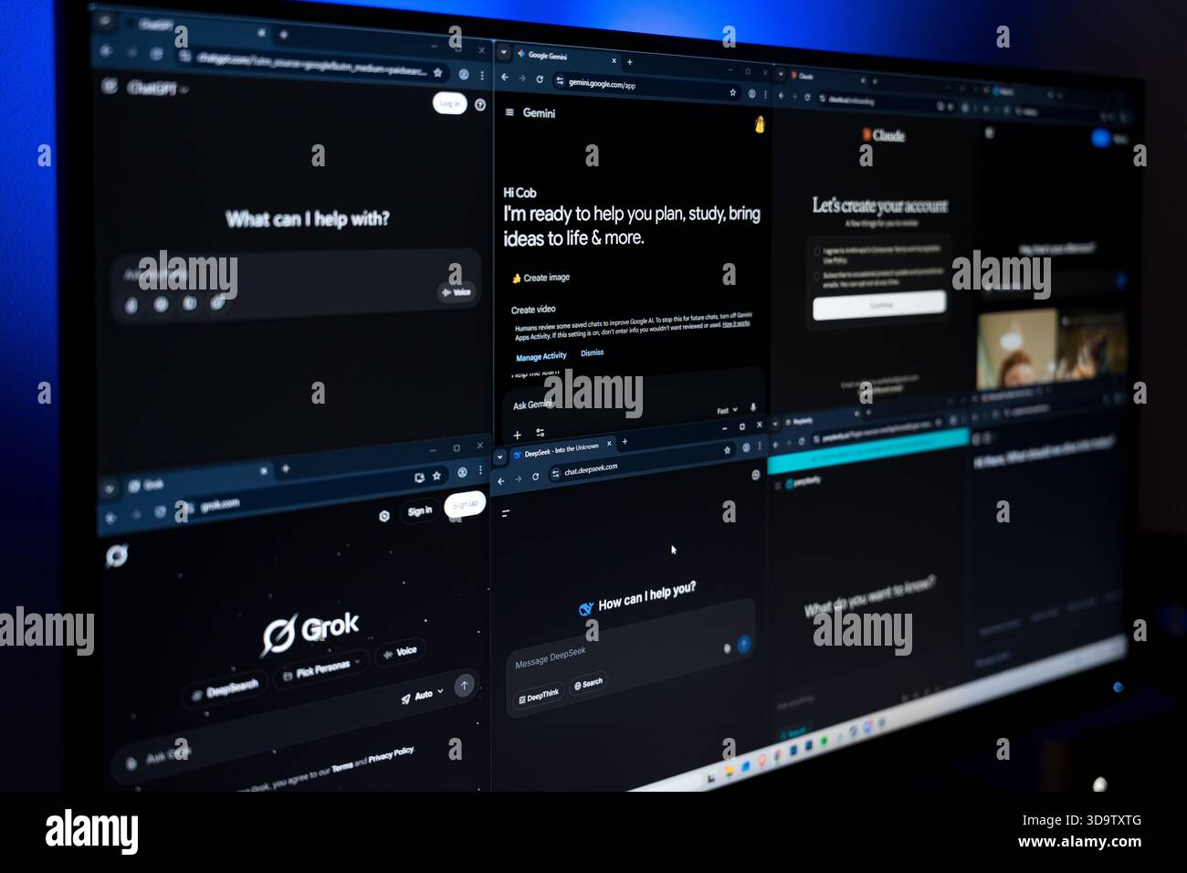 Monitor Screen Displaying Multiple Ai Chatbot Interfaces Chatgpt