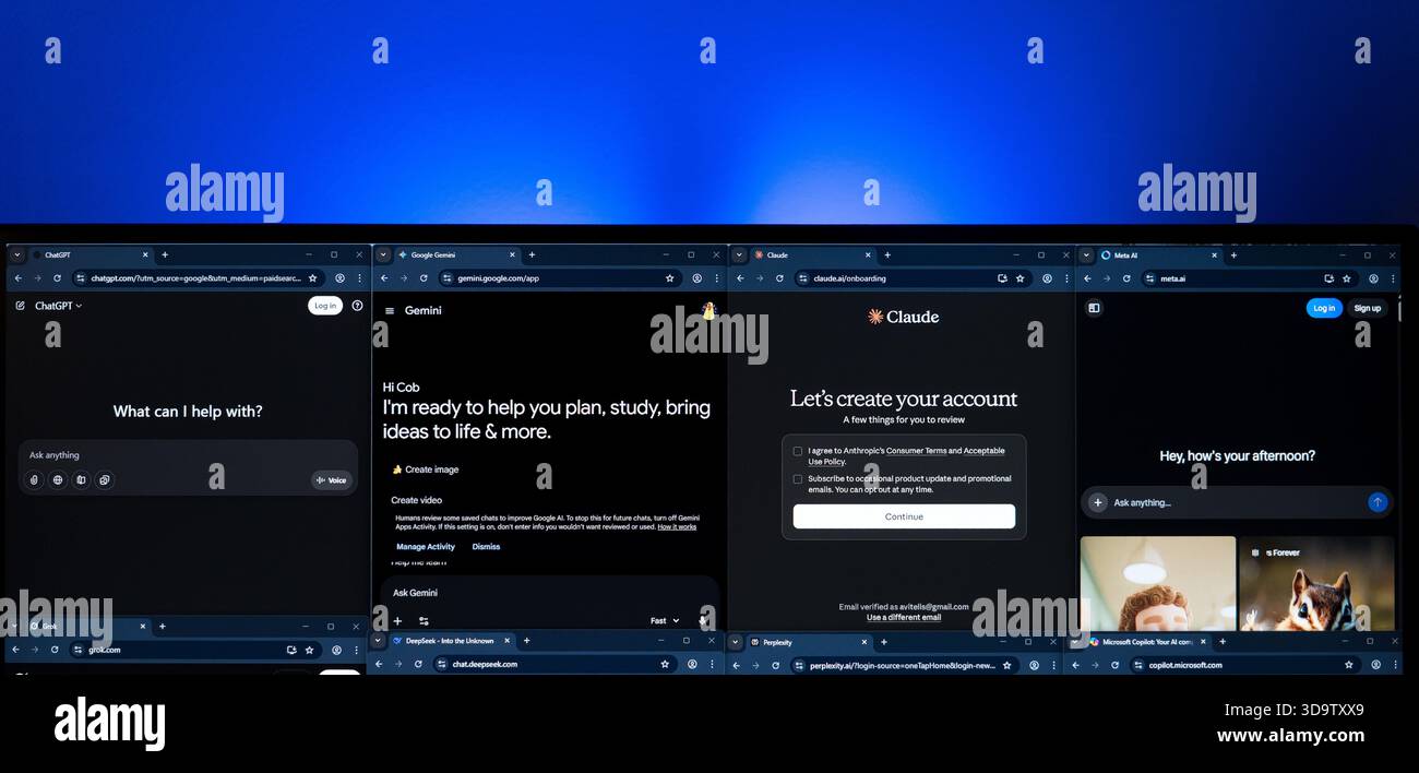 Monitor Screen Displaying Multiple Ai Chatbot Interfaces Chatgpt