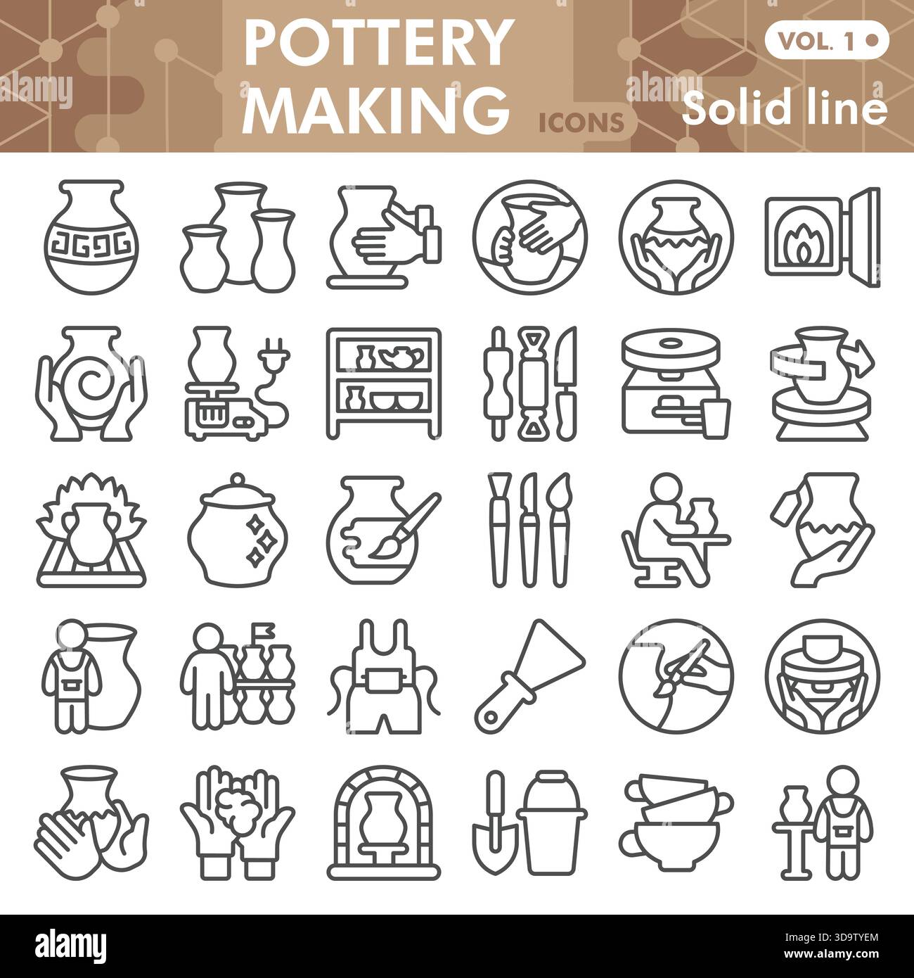 Pottery making symbols collection or sketches, pottery crafts theme bar ...