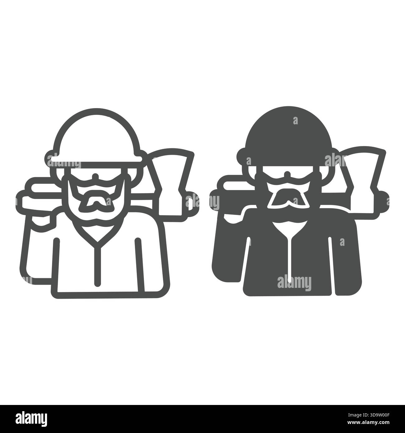 Forester man with beard face and axe line and solid icon, forest ...