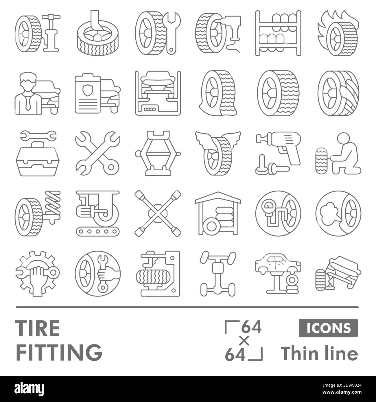 Tires fitting symbols collection or sketches, car service theme in thin ...