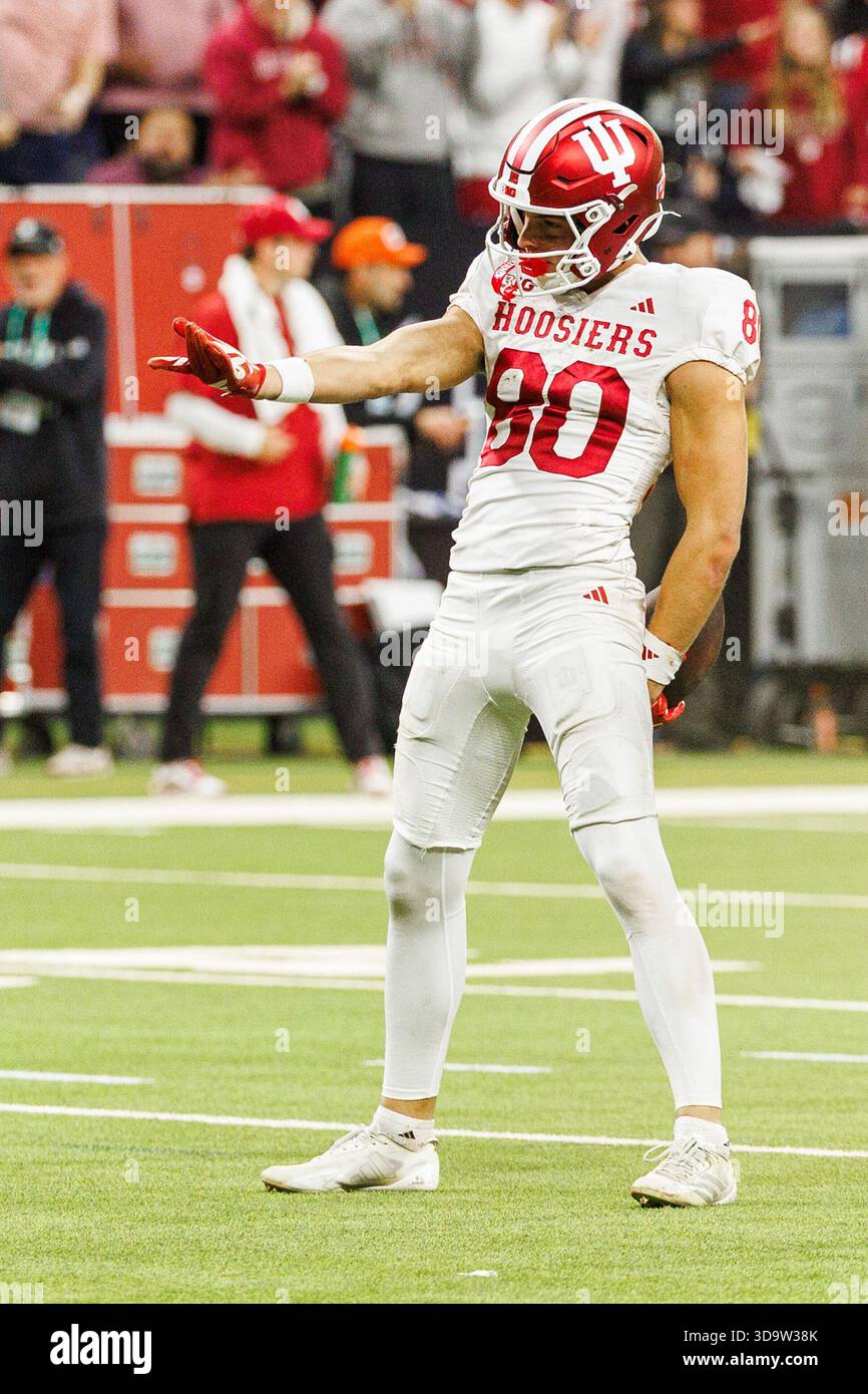 December 06, 2025: Indiana wide receiver Charlie Becker (80) reacts ...