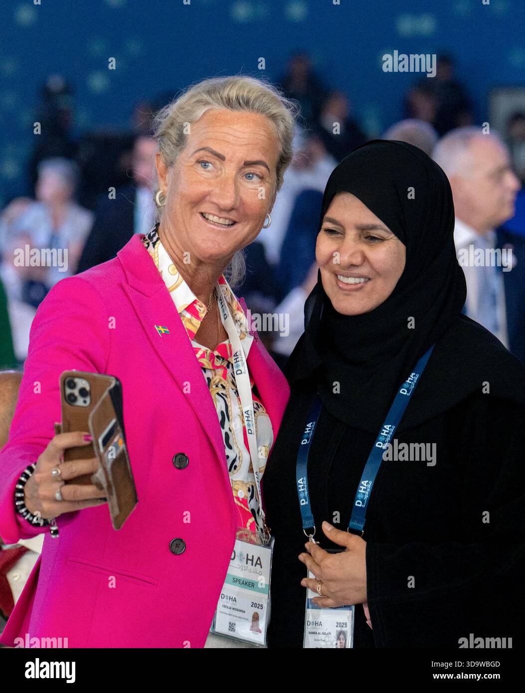 Swedish politician Cecilia Widegren and Qatari Hamda al Sulaiti taking ...