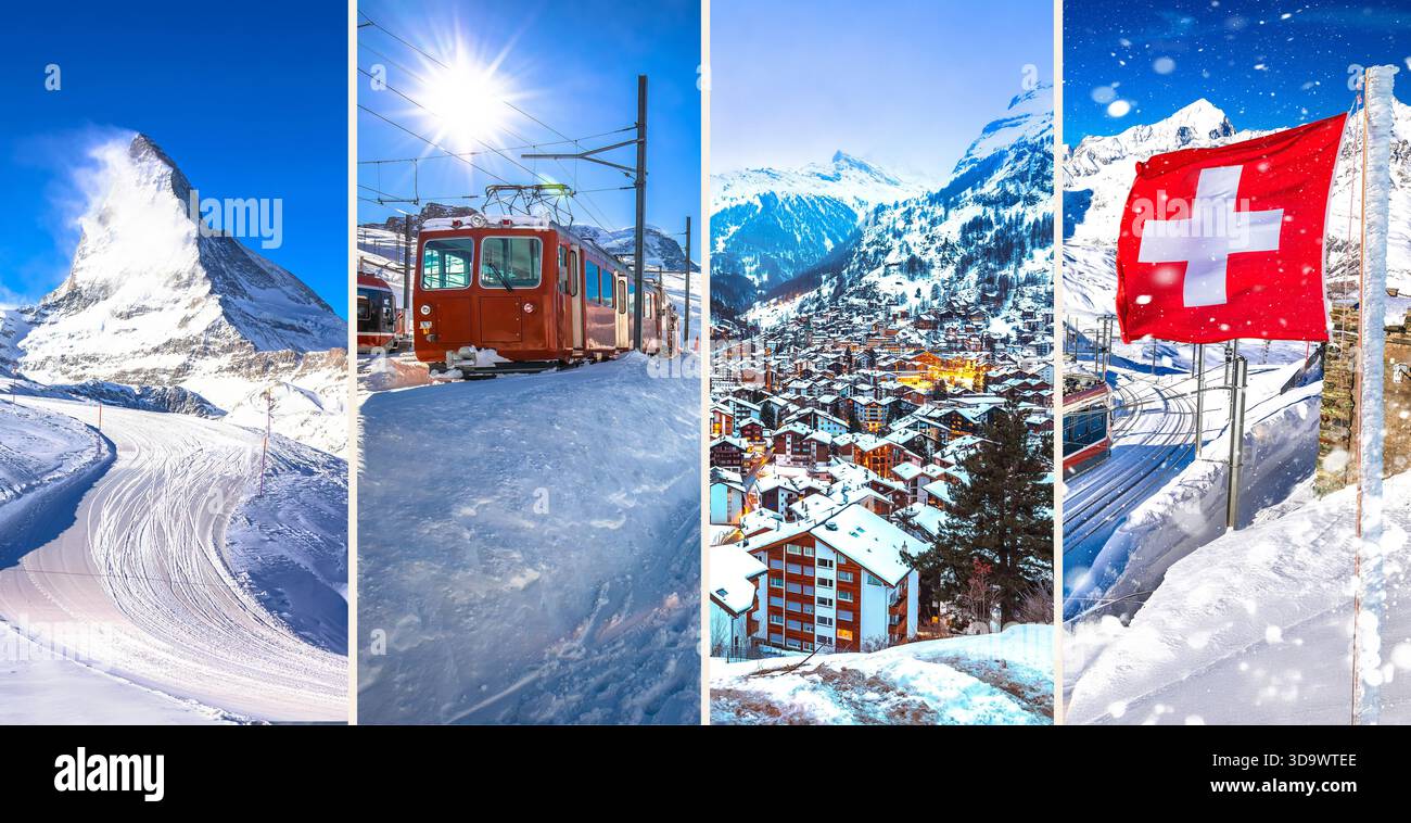 Zermatt village and Matterhorn winter paradise ski area winter collage ...