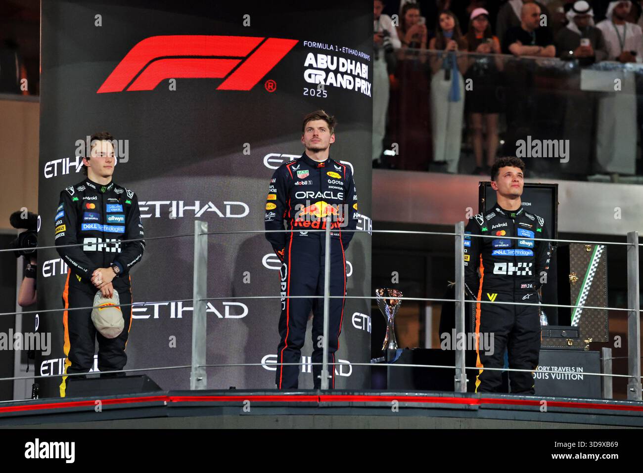 The podium (L to R): Oscar Piastri (AUS) McLaren, second; Max ...