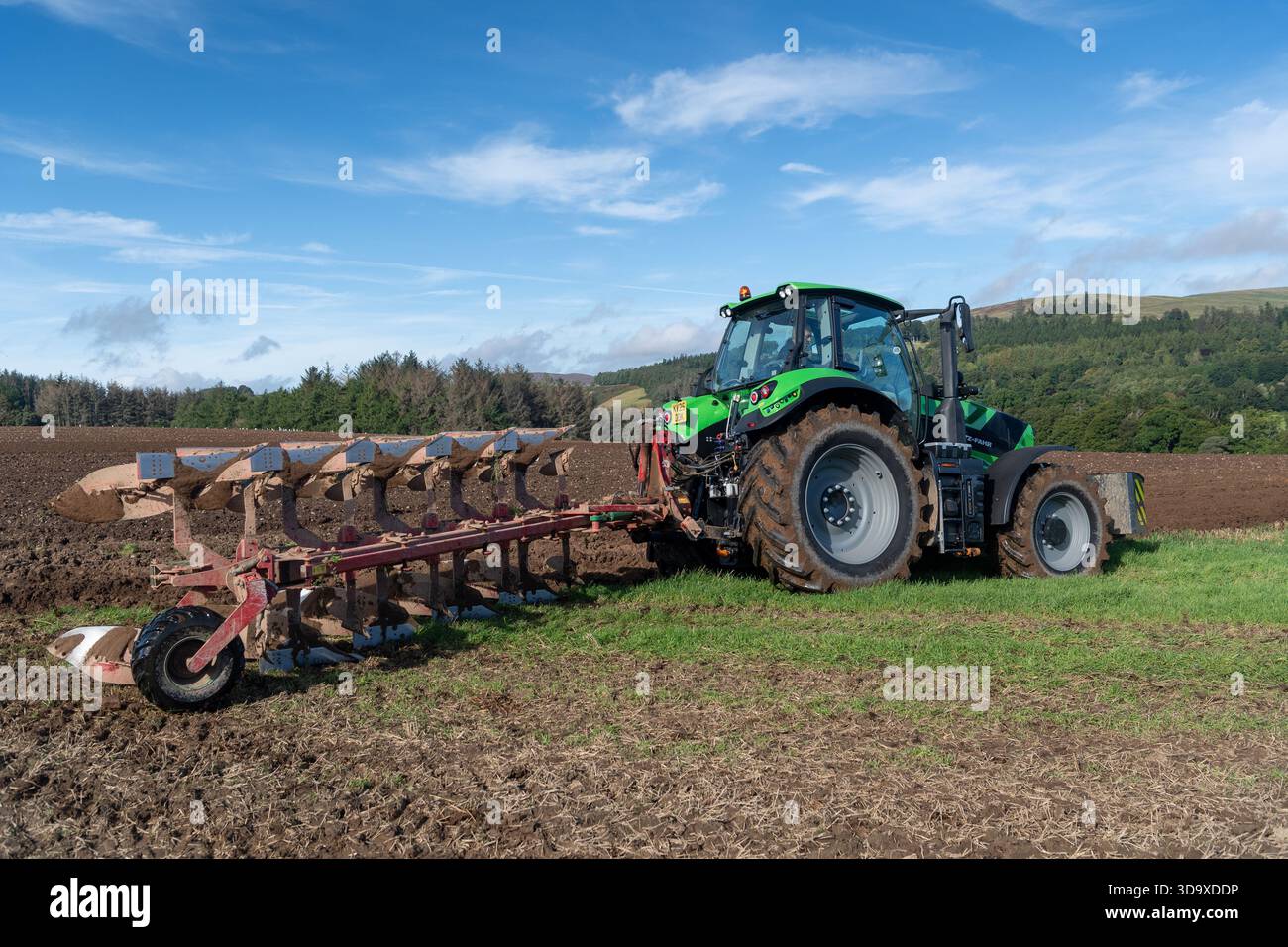 Farmer ploughing grassland in the Scottish Borders with a Deutz-Fahr ...