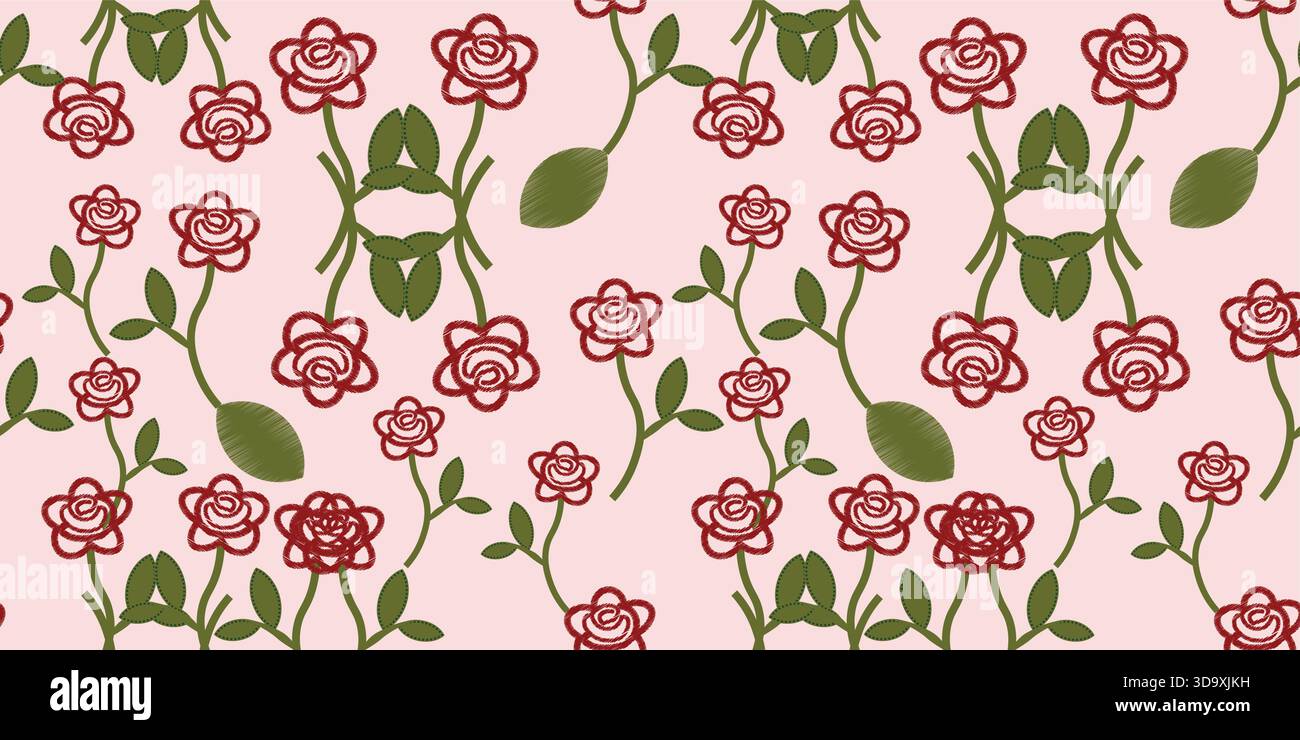 Simple floral embroidery pattern with clean line art roses and leaves ...
