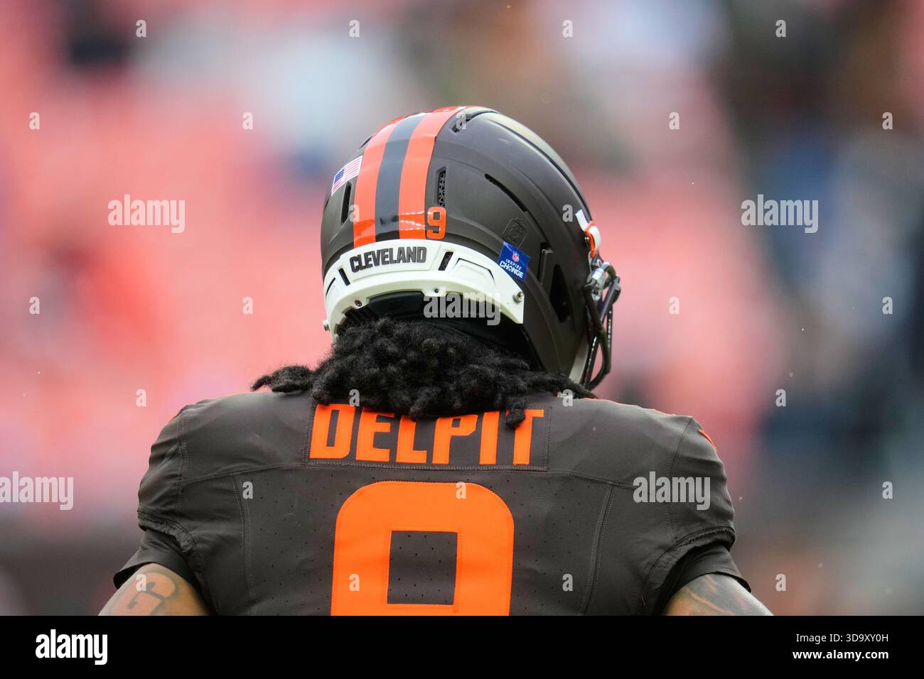 Cleveland Browns safety Grant Delpit stands on the field during warmups ...