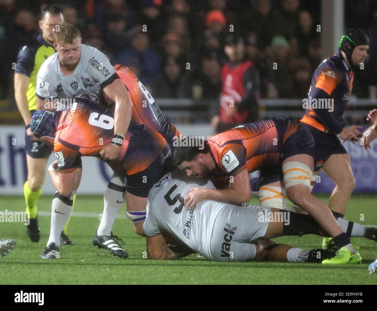 Edinburgh's Liam McConnell is turned over during the Investec Champions ...