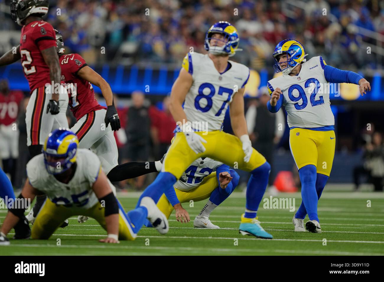 Los Angeles Rams place kicker Harrison Mevis (92) follows through ...