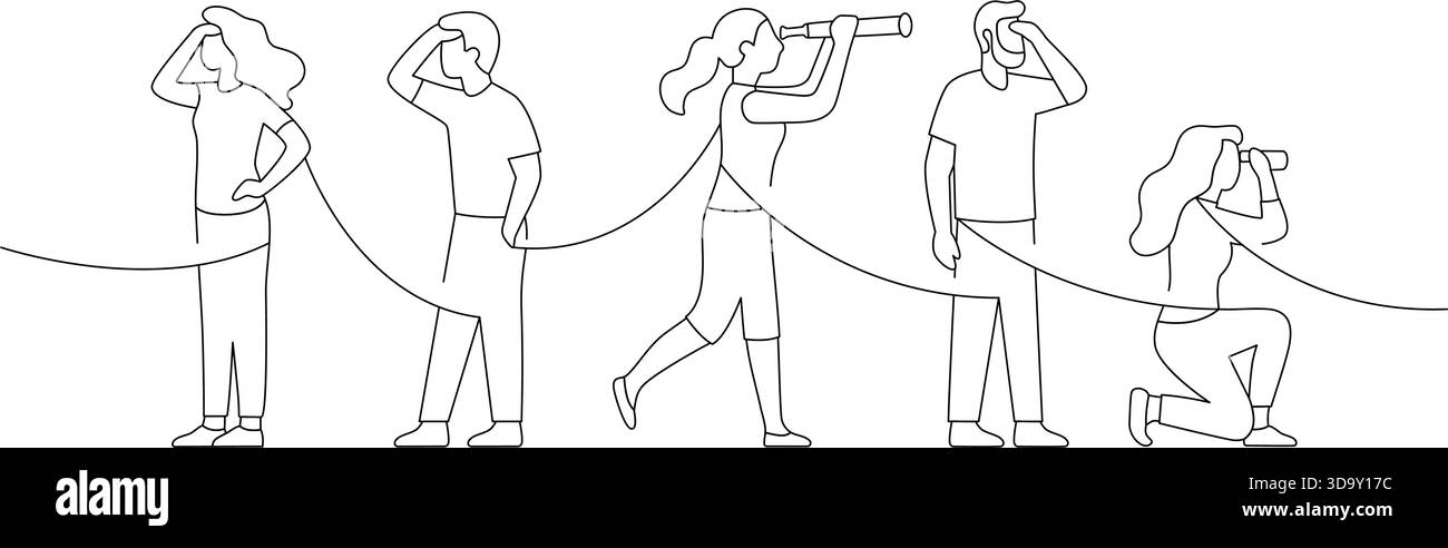 Group of people looking forward with spyglasses or binoculars. Simple ...