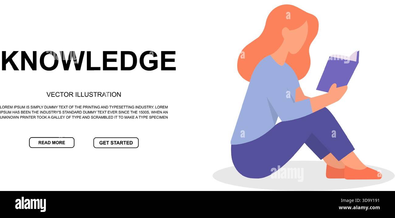 Vector scene showing seated red-haired woman reading a book beside ...