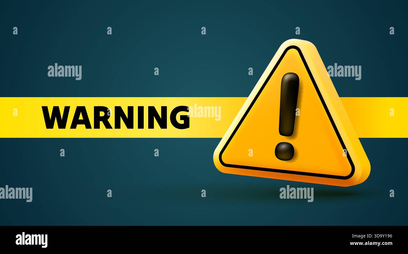 Modern 3D warning sign with exclamation mark and WARNING text on a dark ...