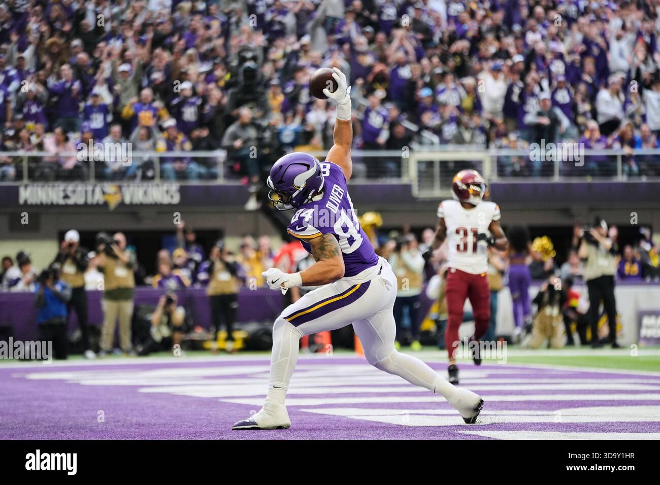 Minnesota Vikings tight end Josh Oliver (84) celebrates after scoring a ...