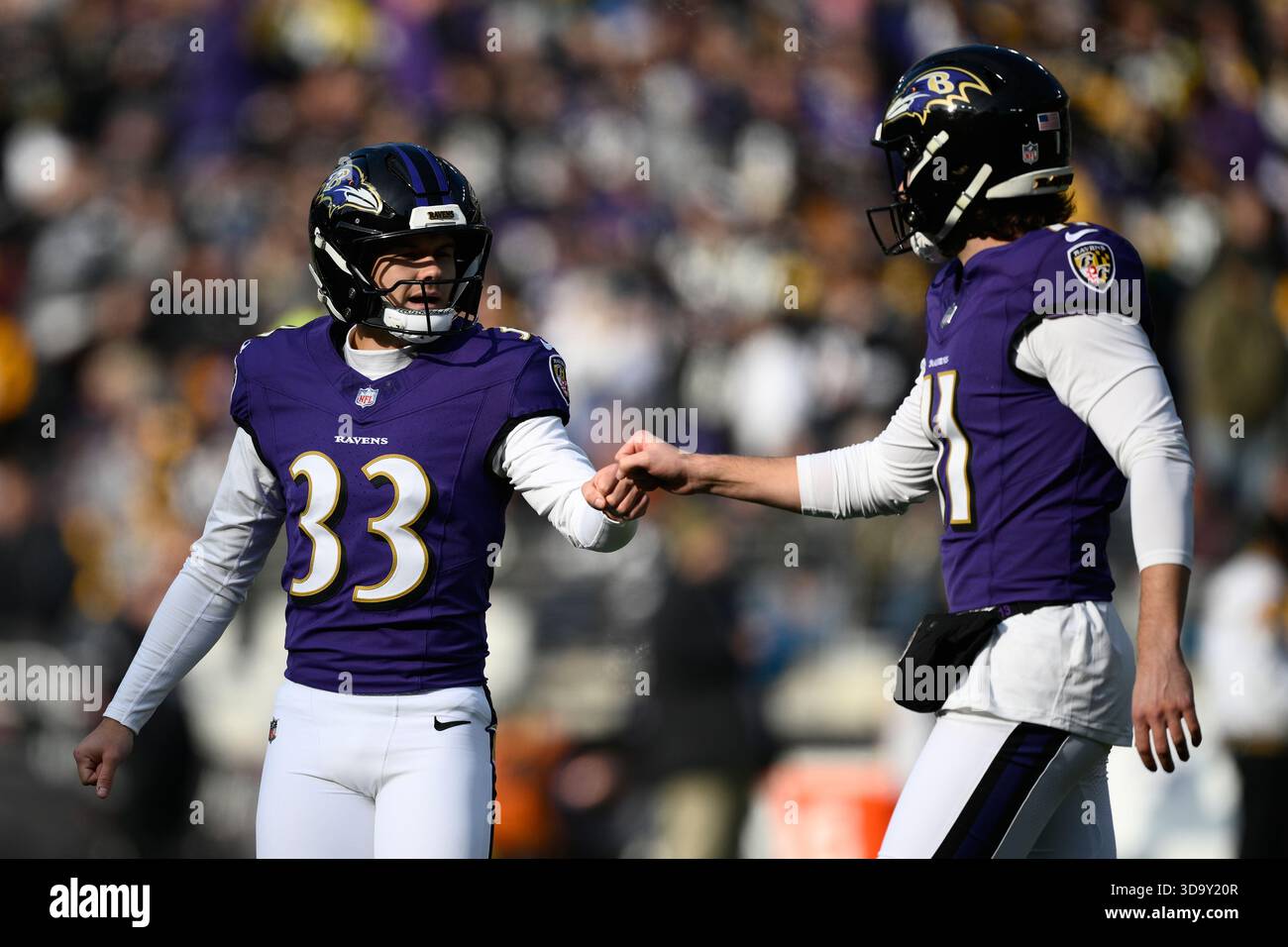 Baltimore Ravens place kicker Tyler Loop (33) celebrates with punter ...