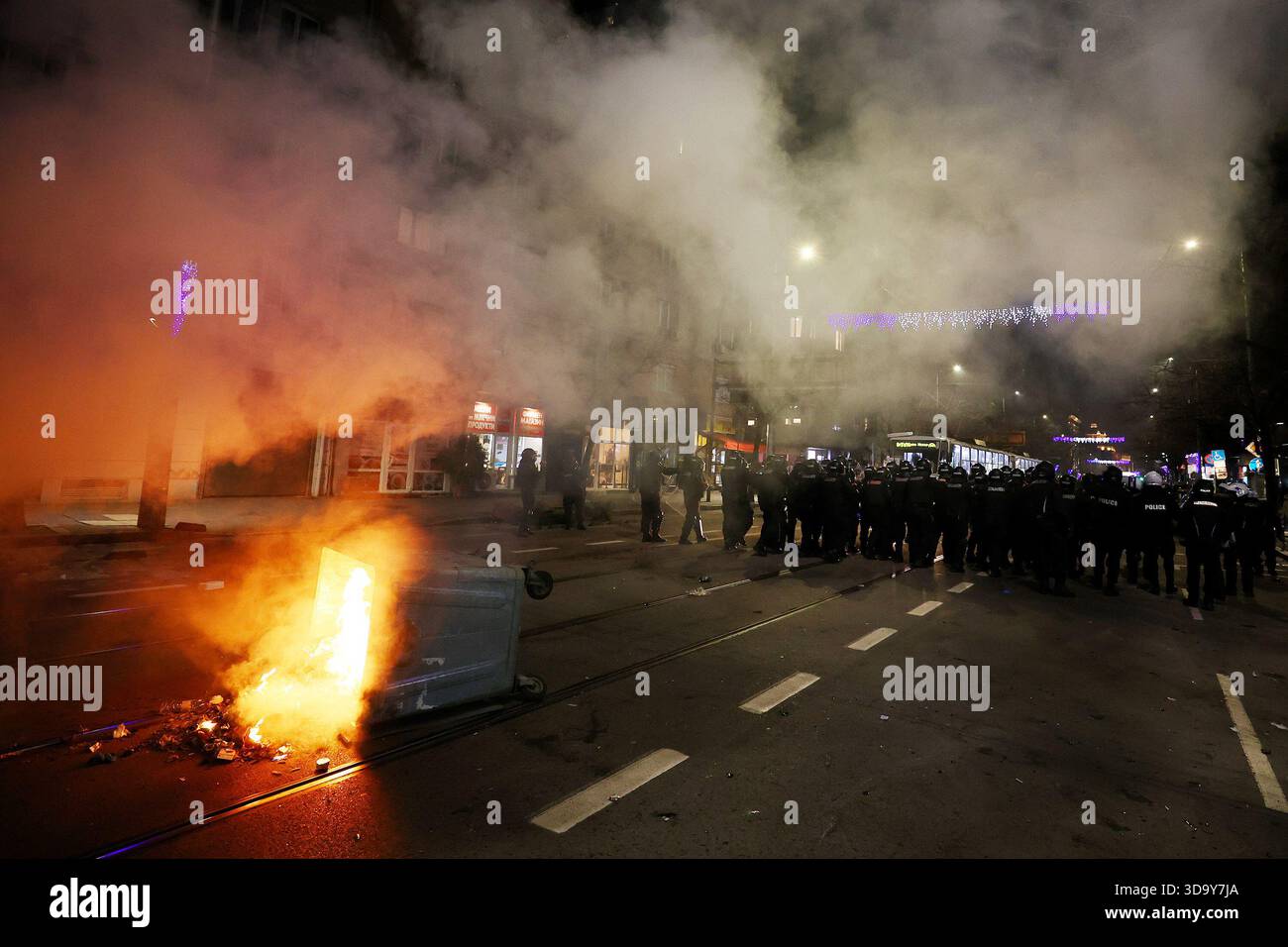 Dumpsters on fire on the street during a protest against Bulgaria's ...