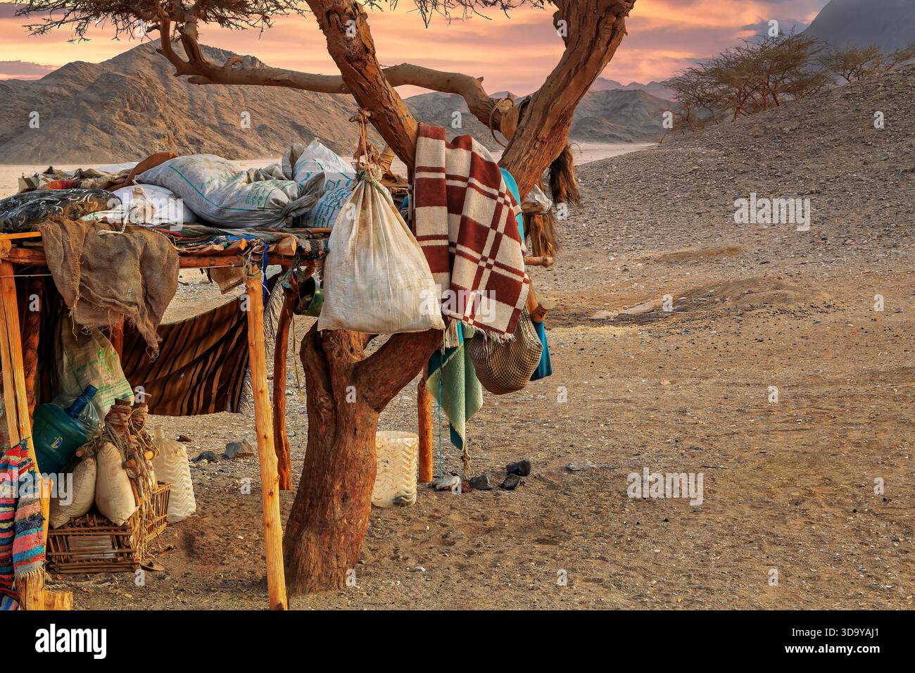Traditional Bedouin camp in the Egyptian desert during a dramatic ...