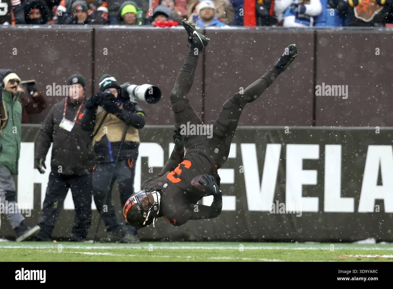 Cleveland Browns wide receiver Jerry Jeudy (3) flips into the end zone for a touchdown during an ...