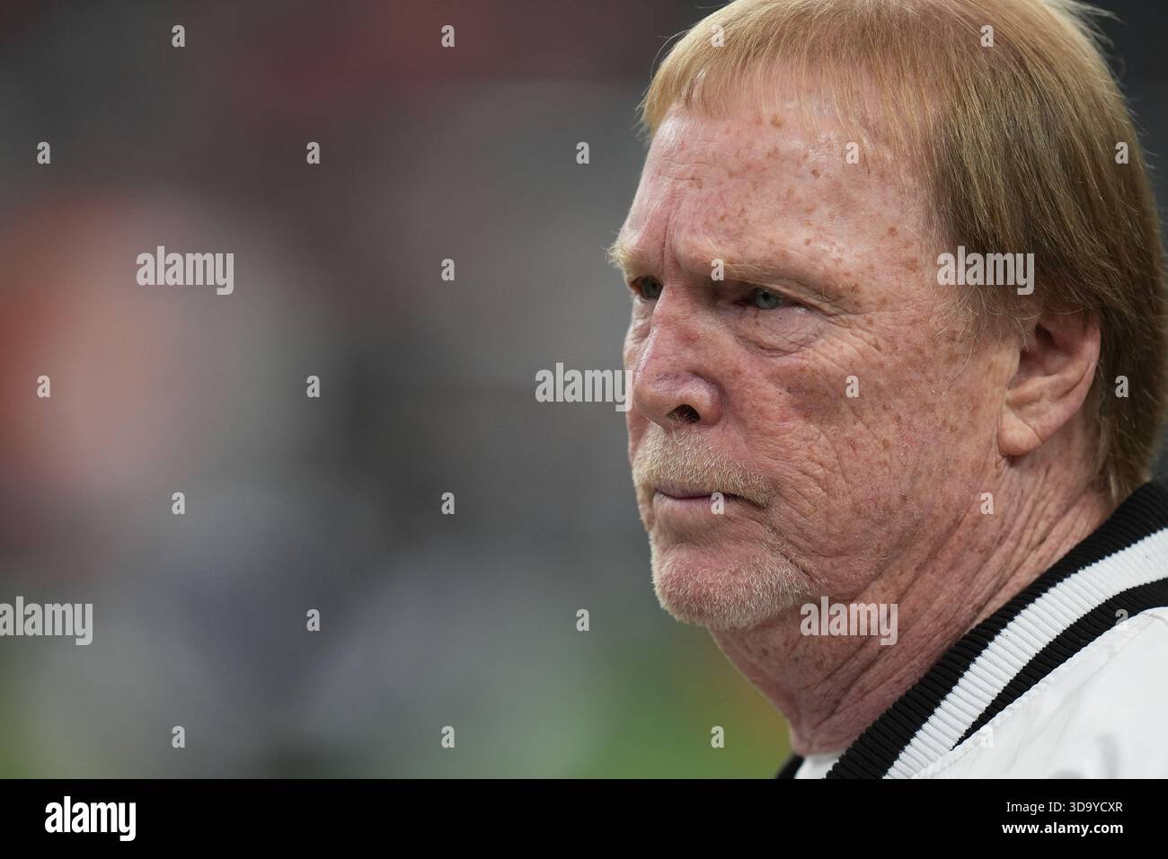 Las Vegas Raiders owner Mark Davis watches players warm up before an ...